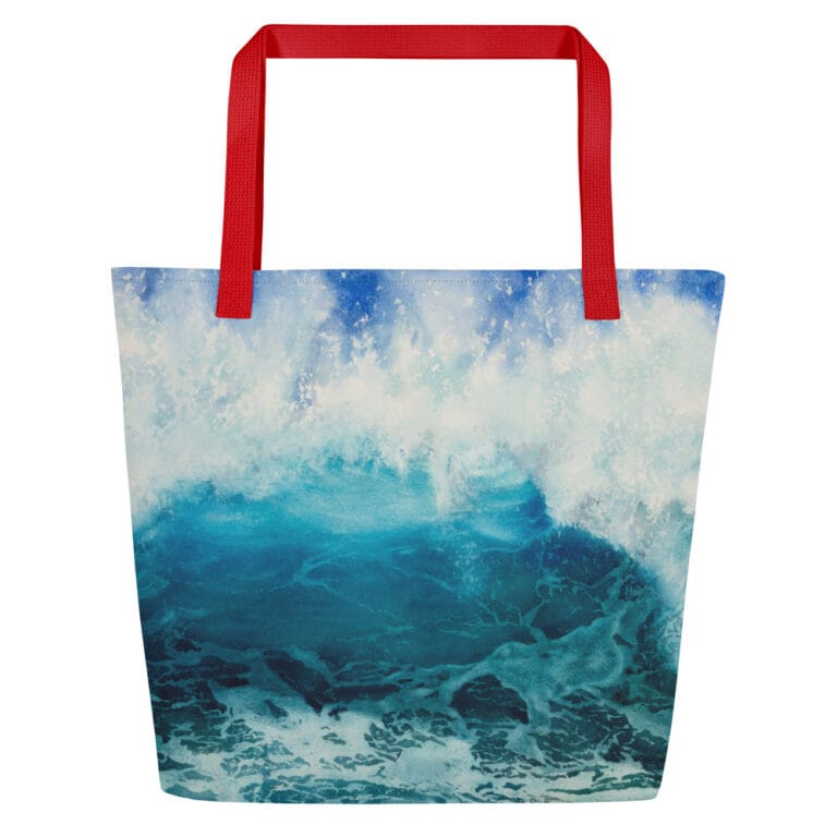 Beach Bag with the print of the bright blue ocean wave “Through the ...