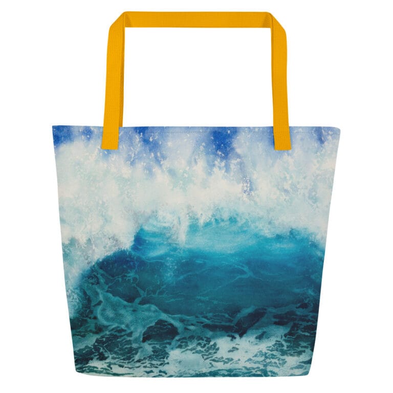 Beach Bag with the print of the bright blue ocean wave “Through the ...