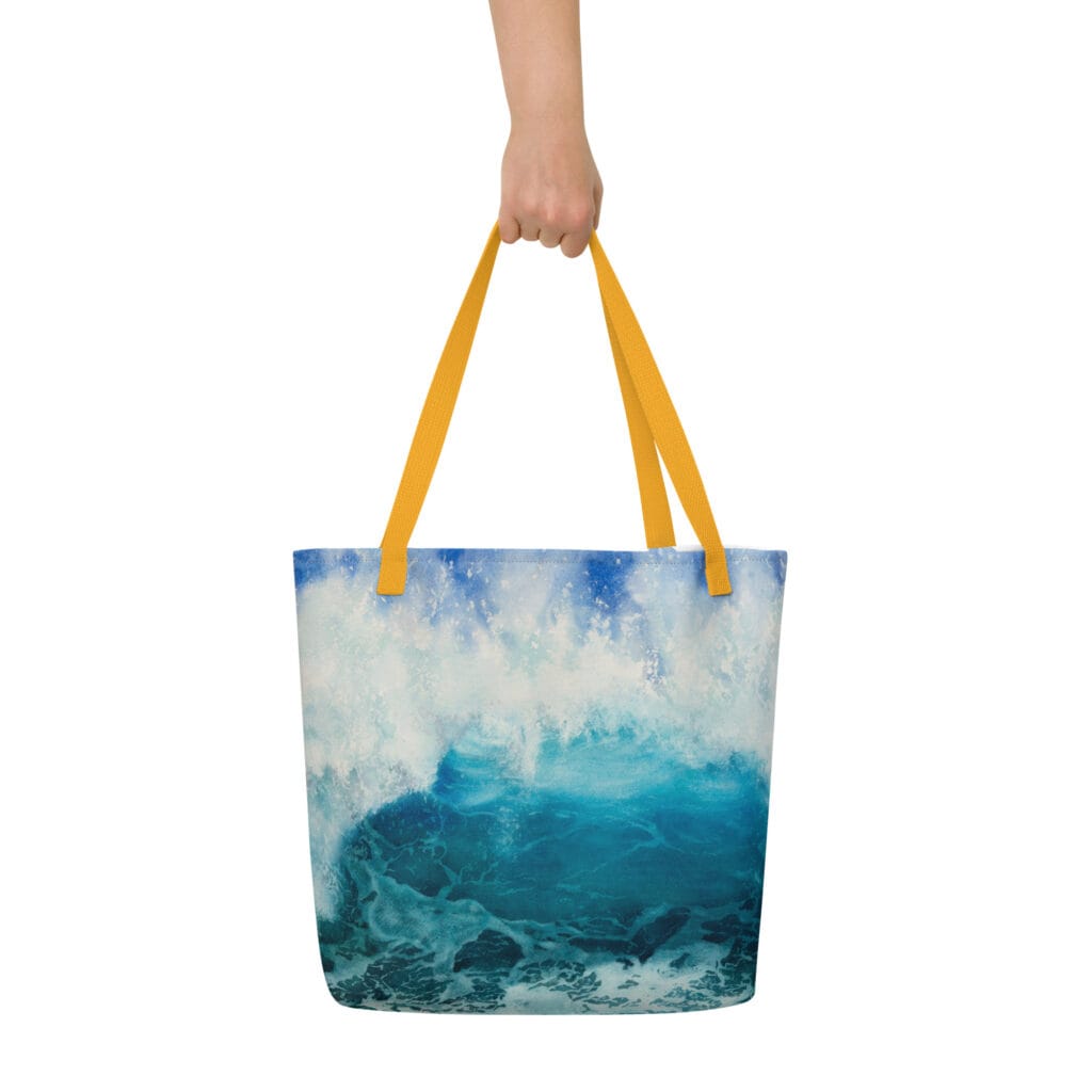 Beach Bag with the print of the bright blue ocean wave “Through the ...