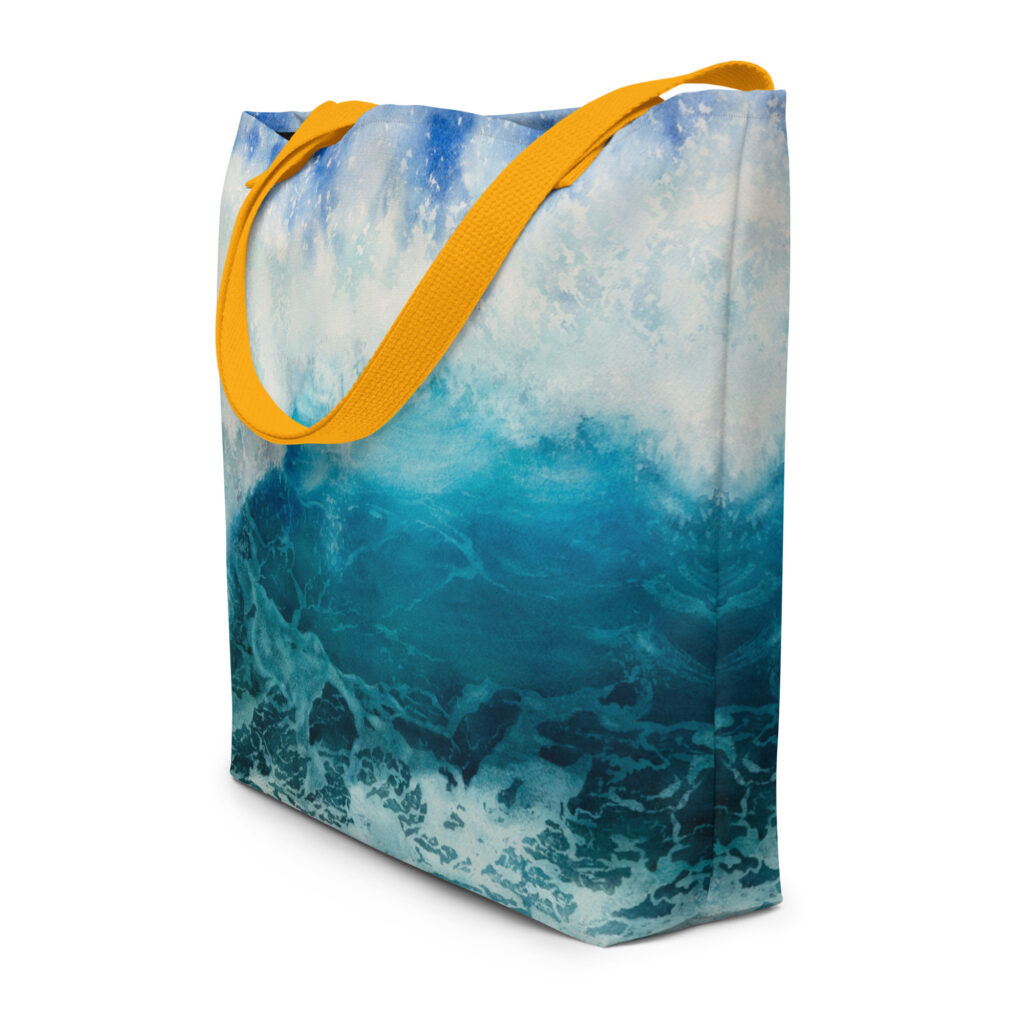 Beach Bag with the print of the bright blue ocean wave “Through the ...